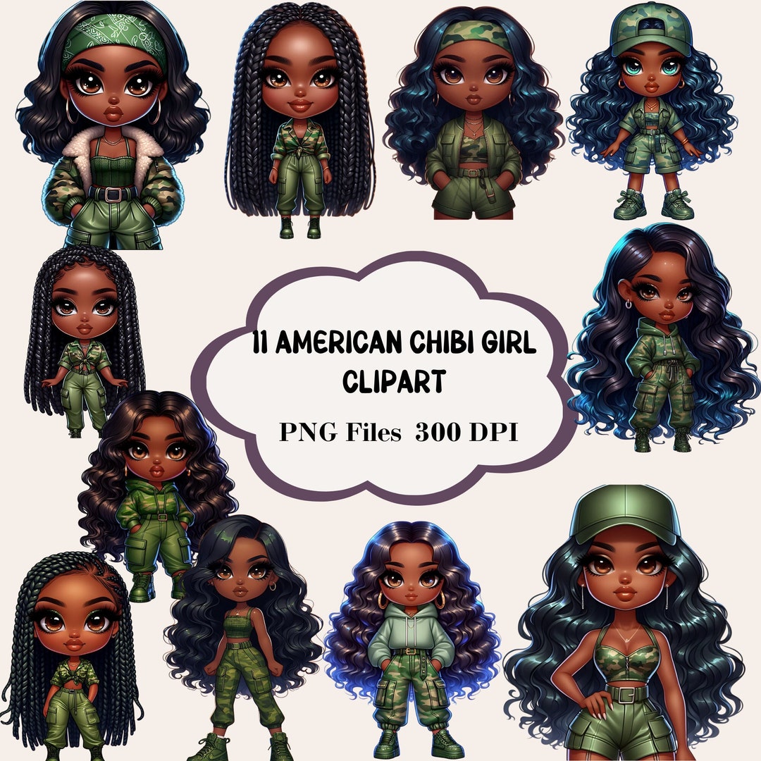 11 American Chibi Girl Clipart, Chibi Young Woman PNG, African American ...