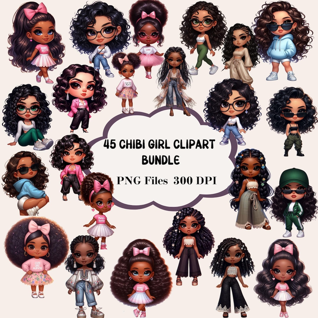 45 Chibi Girl Clipart Bundle, Afro Girl Clipart, Black Girl Clipart ...