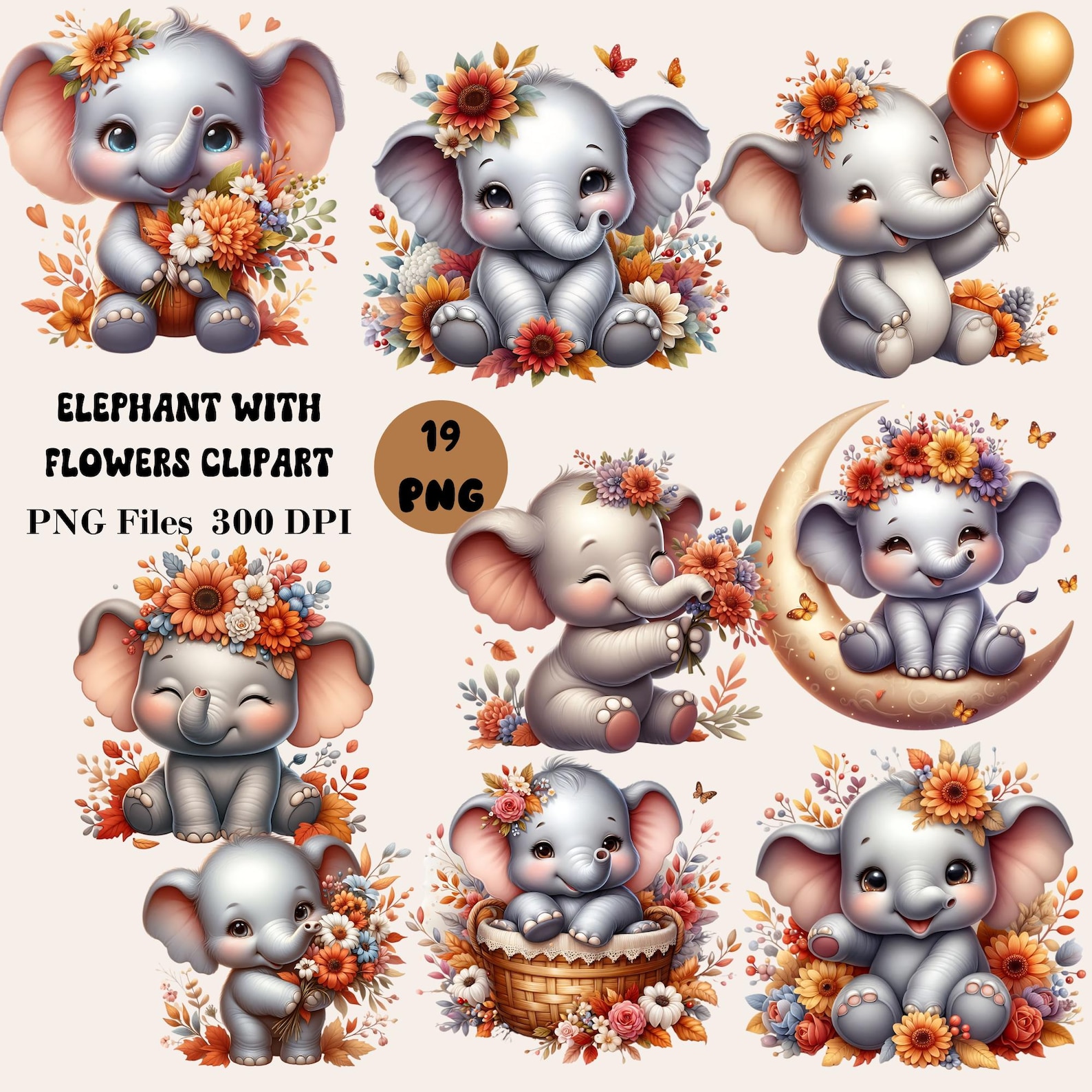 19 Elephant With Flowers Clipart, Baby Elephant PNG, Floral Elephant ...