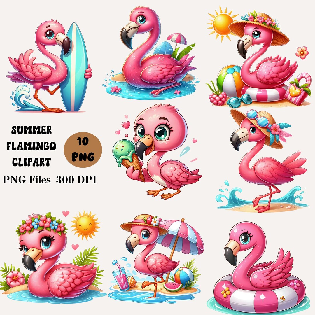 10 Summer Flamingo Clipart, Cute Flamingo PNG Bundle, Tropical Flamingo ...