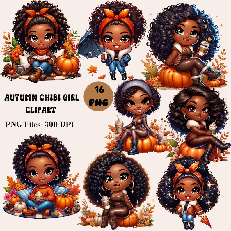 16 Autumn Chibi Girl Clipart, Chibi Black Girl Clipart, Afro American ...