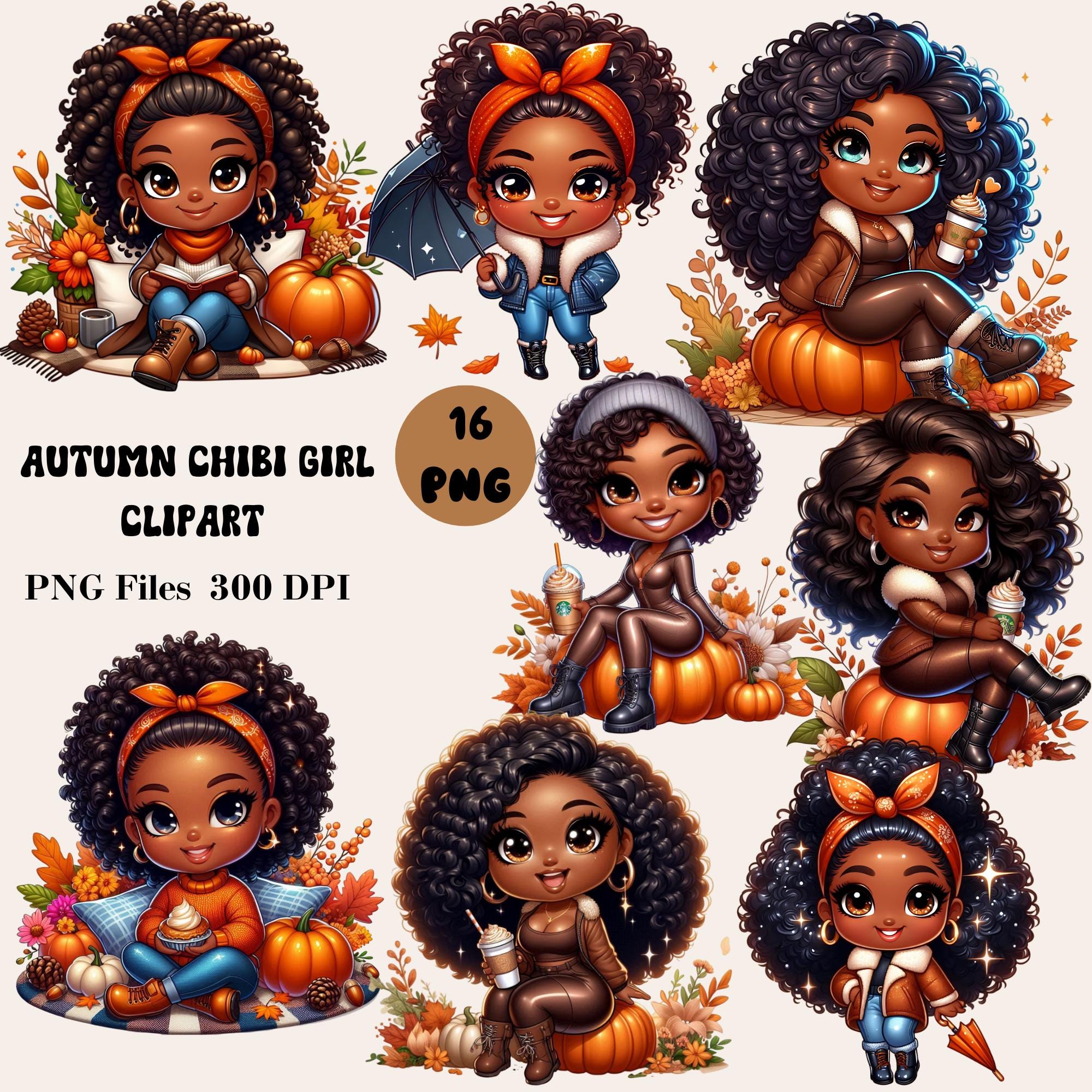 16 Autumn Chibi Girl Clipart, Chibi Black Girl Clipart, Afro American ...