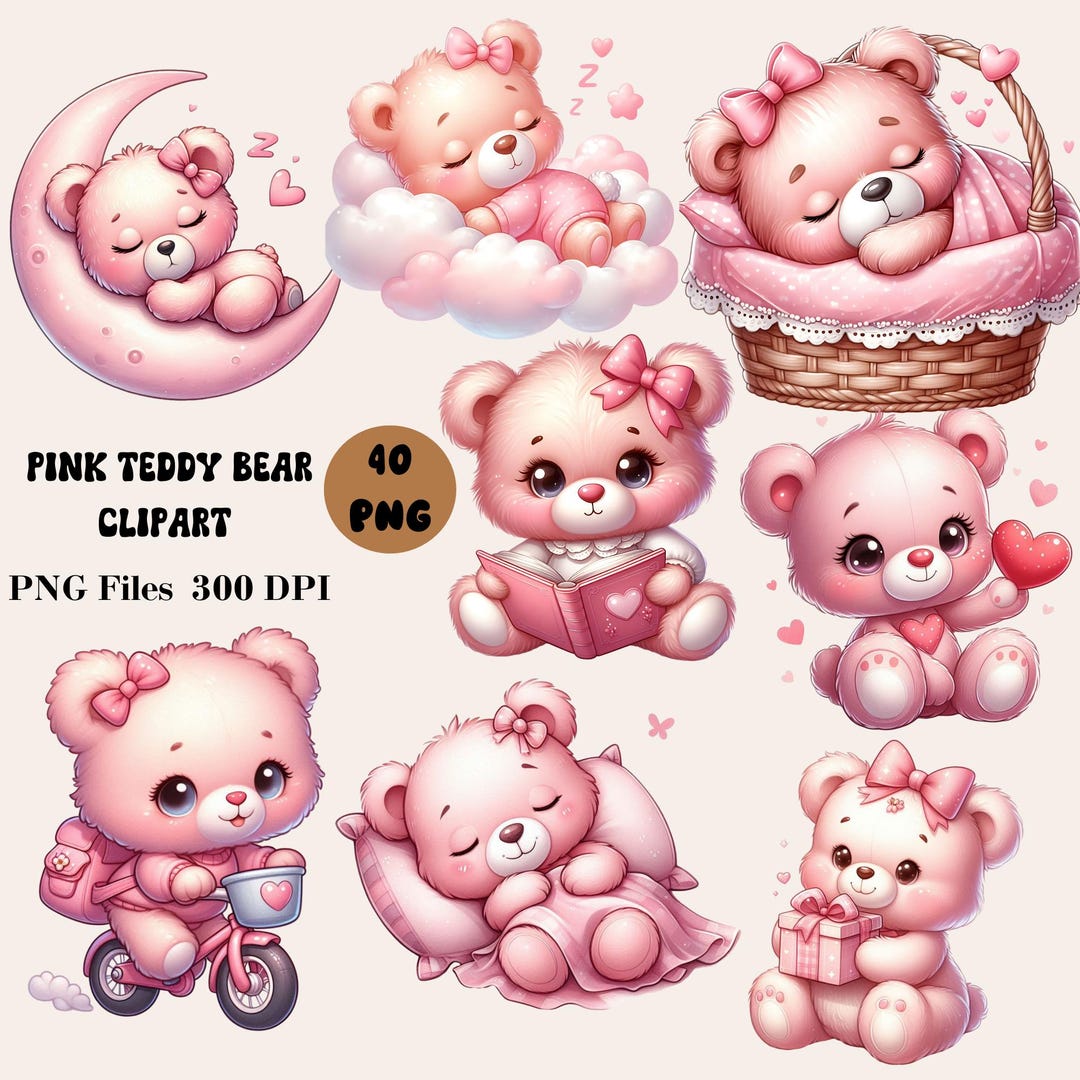 40 Pink Teddy Bear Clipart Bundle, Baby Shower Clipart for Girls ...