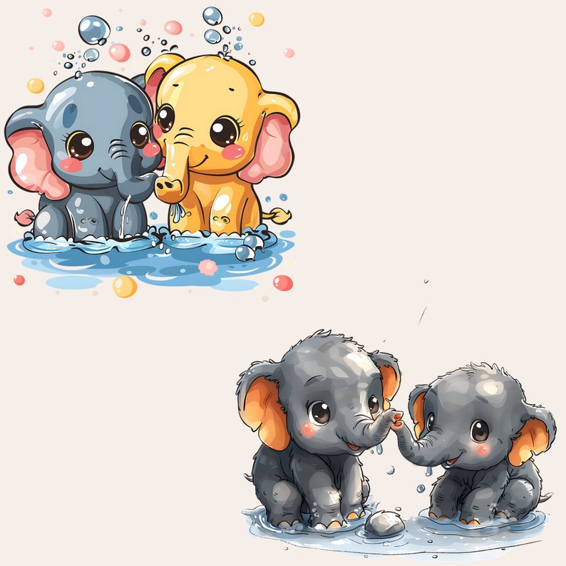 12 Kawaii Elephant Clipart Bundle, Kawaii Mommy and Baby Elephant PNG ...