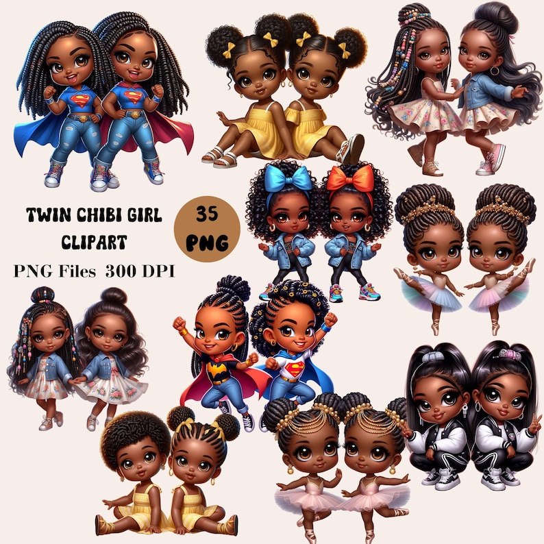 35 Twin Chibi Girl Clipart, Black Chibi Girl Clipart, Afro American ...