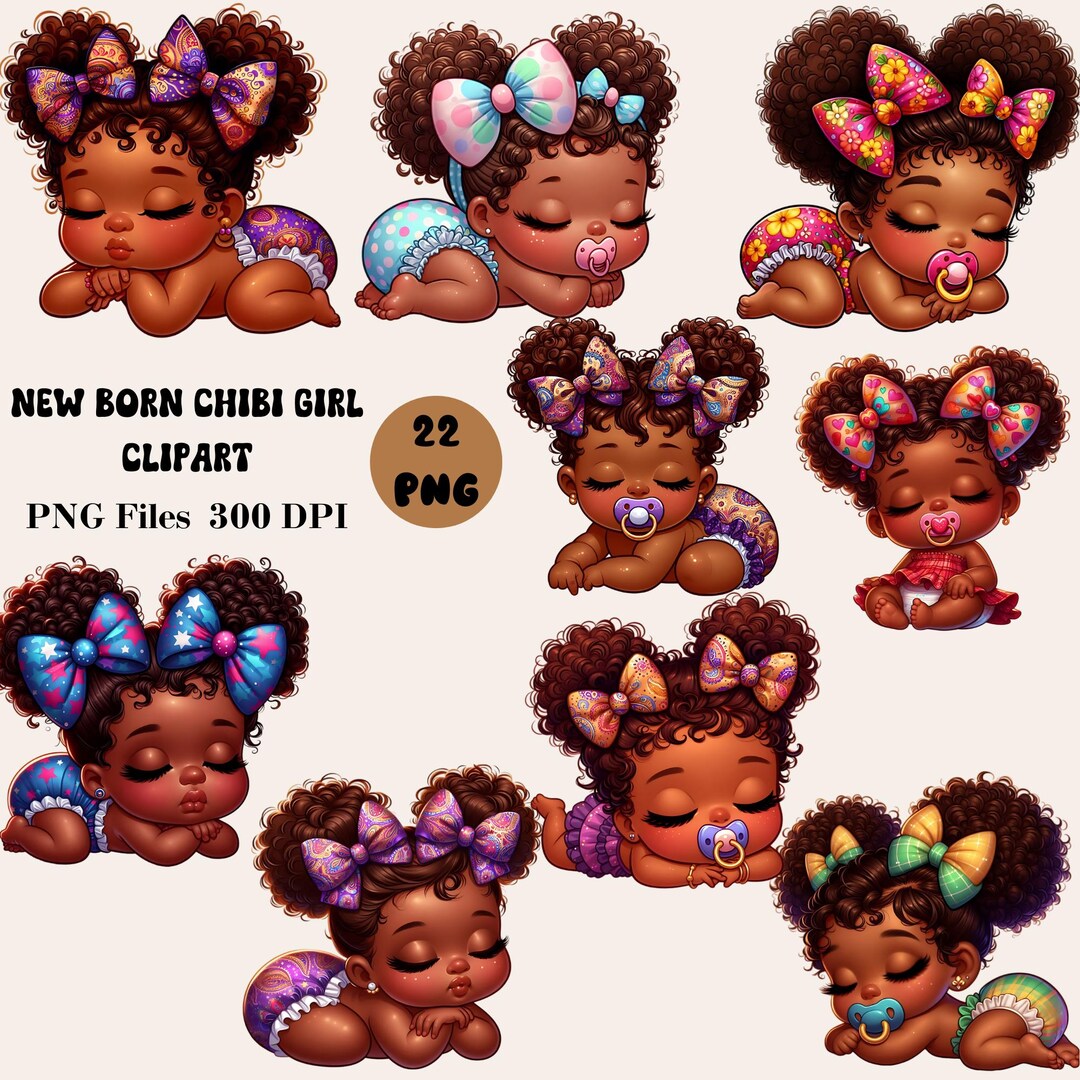 22 Newborn Chibi Girl Clipart, Chibi Girl PNG Bundle, Black Girl ...