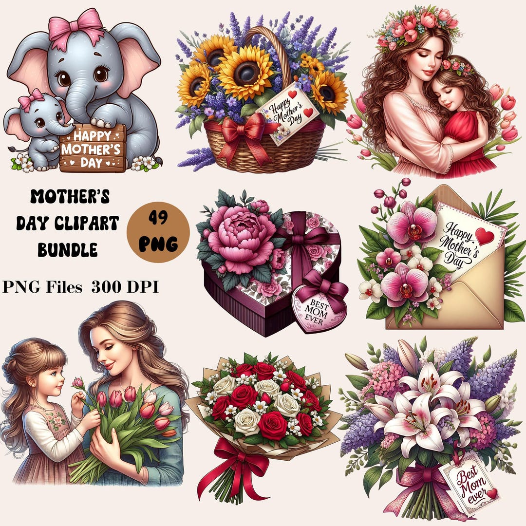 49 Mother's Day Clipart Bundle, Mother's Day Flowers Clipart, Mom and ...
