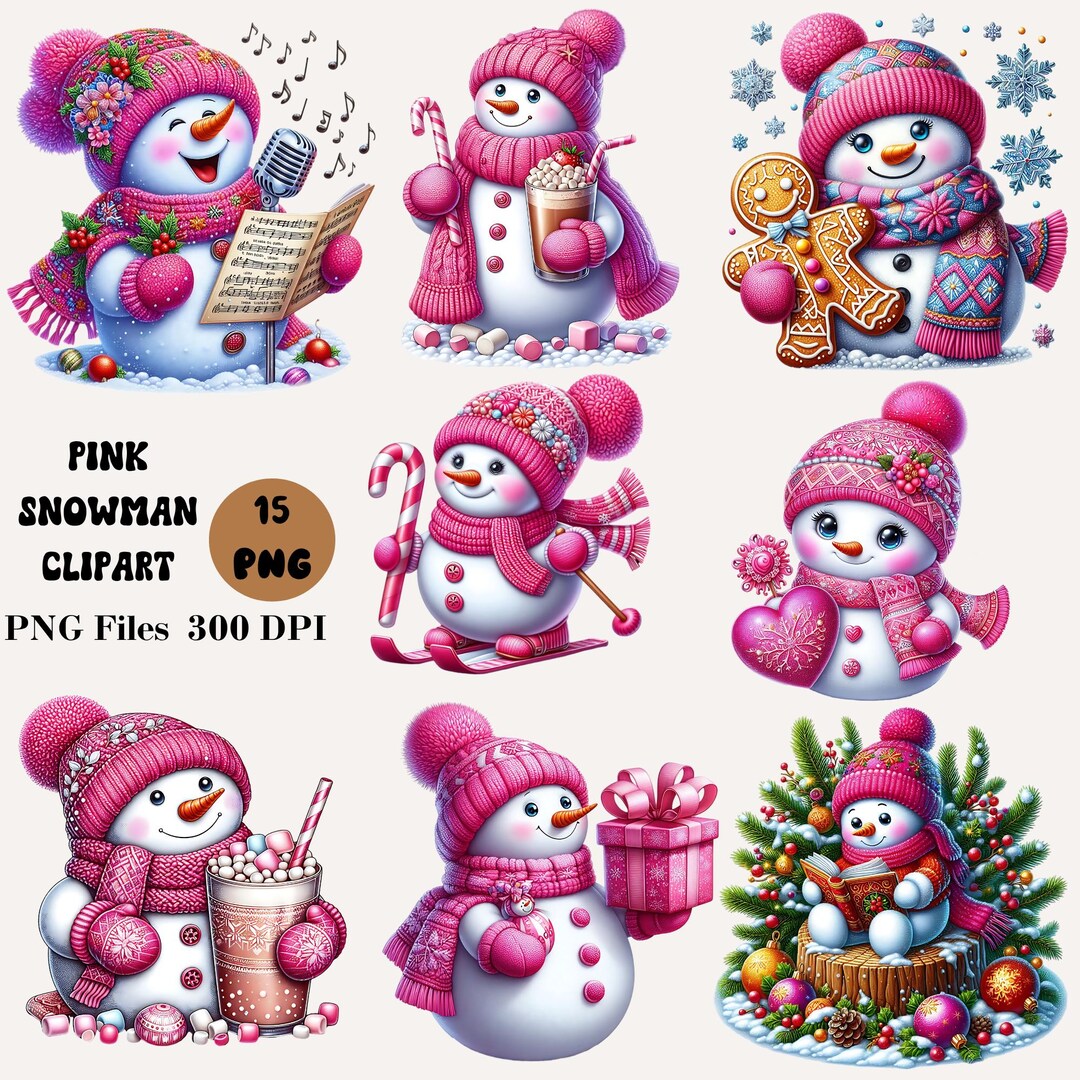 15 Pink Snowman Clipart, Cute Snowman PNG Bundle, Snowman Sublimation ...