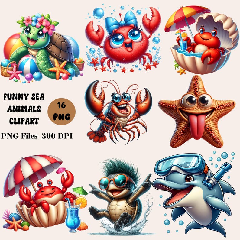 16 Funny Sea Animals Clipart, Under the Sea Animals Clipart, Ocean ...