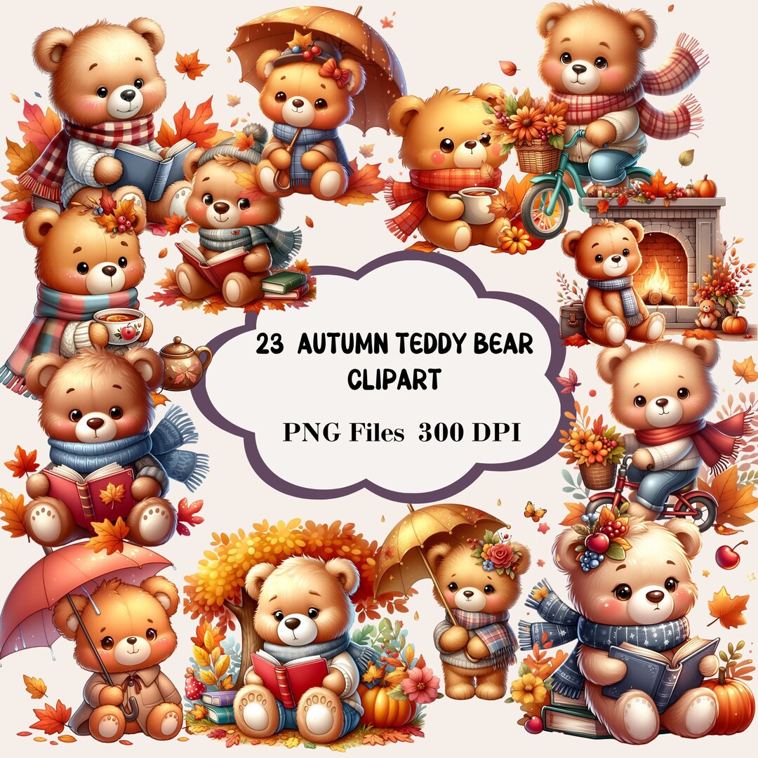 23 Fall Teddy Bear Clipart Bundle, Cute Teddy Bear PNG, Autumn Teddy ...