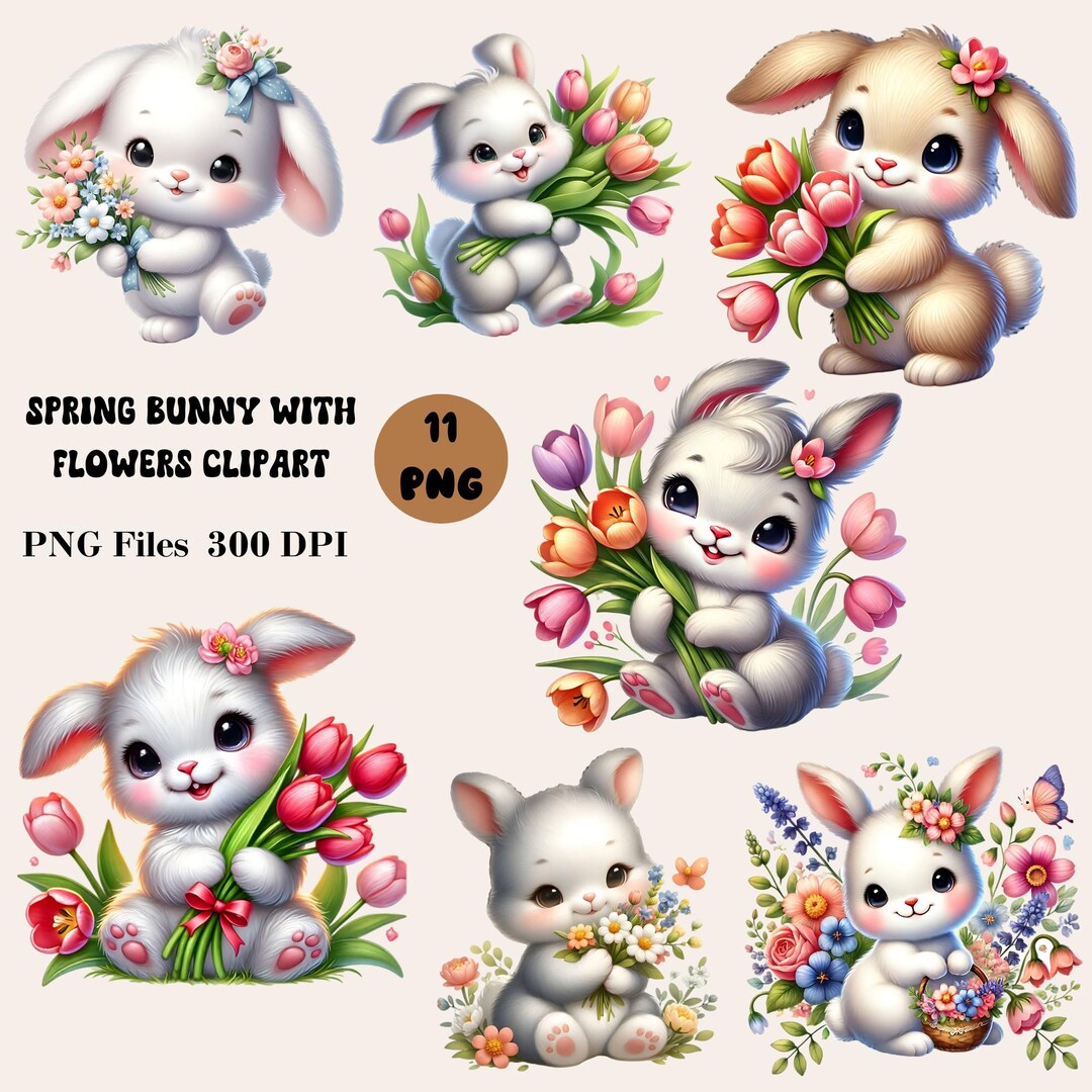 11 Spring Bunny With Flowers Clipart, Cute Easter Bunny PNG, Spring ...
