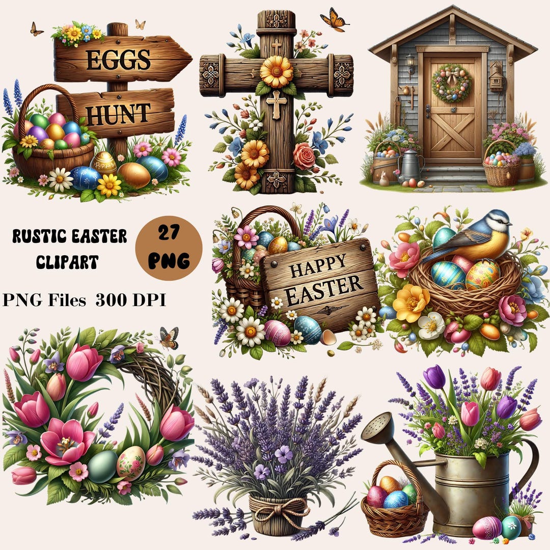 27 Rustic Easter Clipart Bundle, Easter Village Clipart, Easter Basket ...