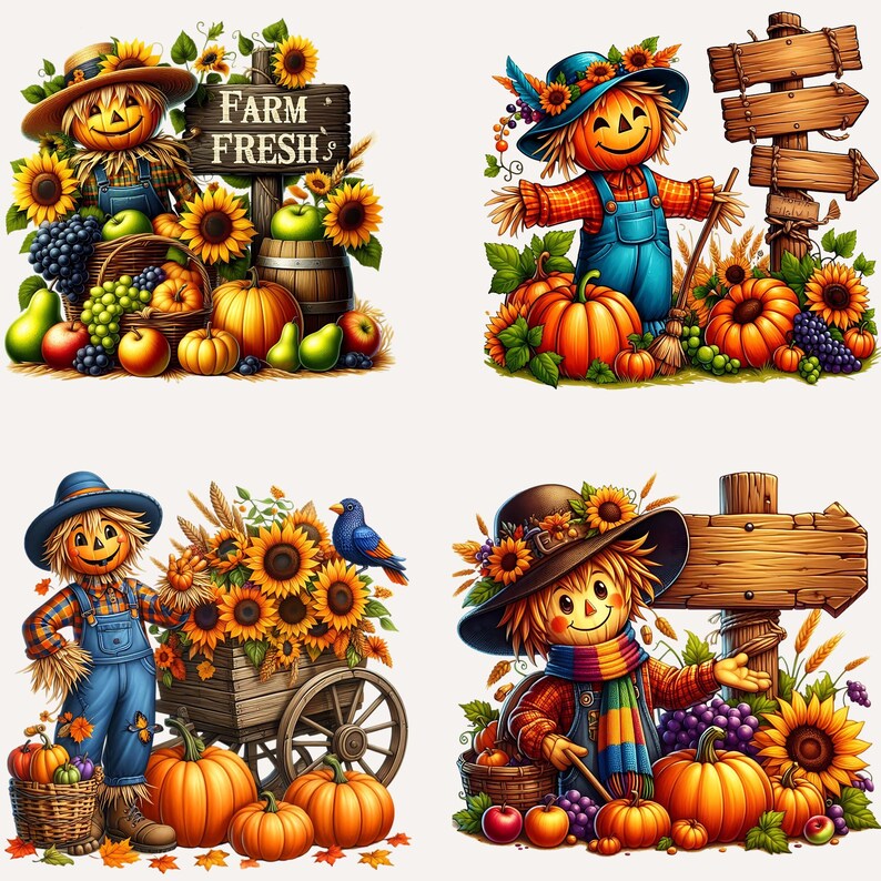20 Autumn Scarecrow Clipart, Fall Scarecrow PNG Bundle, Charming ...