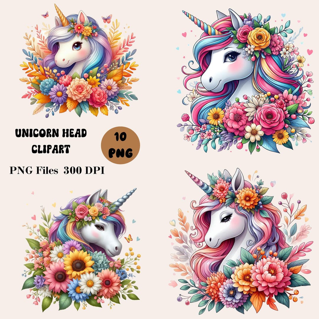 10 Unicorn Head Clipart Bundle, Unicorn With Flowers PNG, Baby Unicorn ...