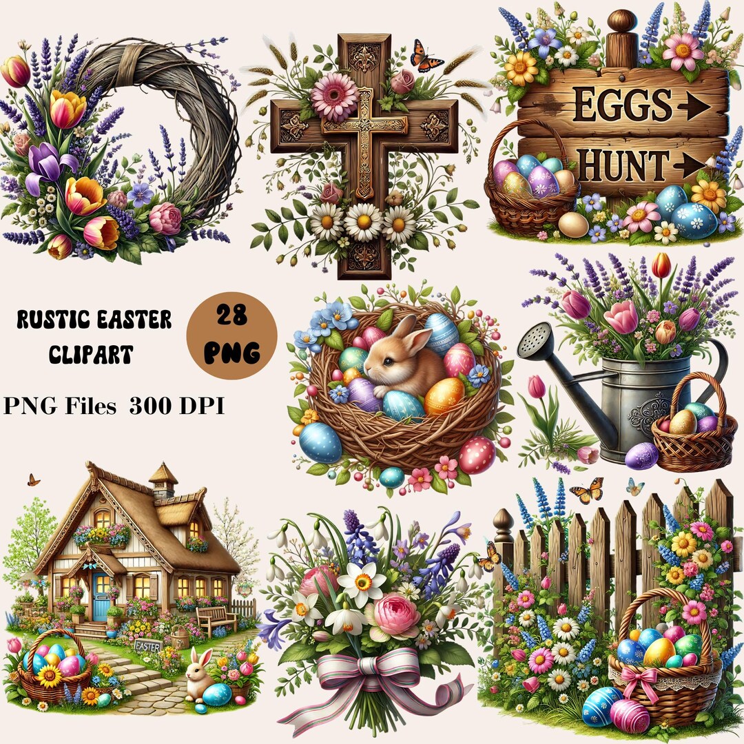 28 Rustic Easter Clipart, Easter Village Clipart, Easter Scene Clipart ...