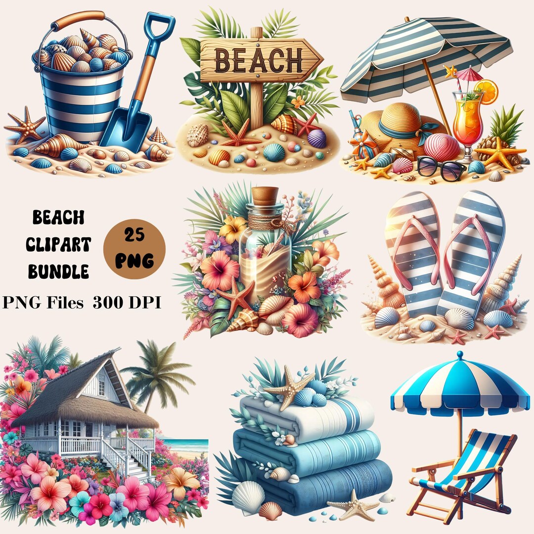 25 Summer Beach Clipart, Nautical Ocean Clipart, Beach Day PNG Bundle ...