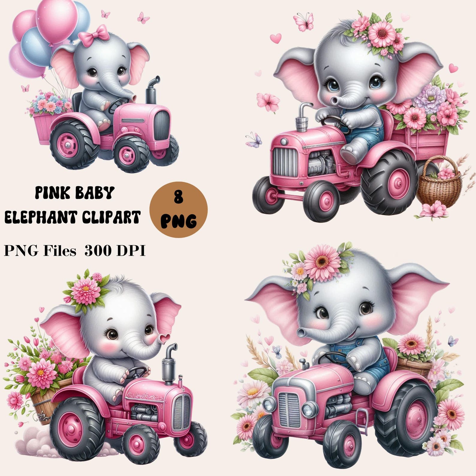 8 Pink Baby Elephant Clipart, Cute Elephant PNG Bundle, Nursery Clipart ...