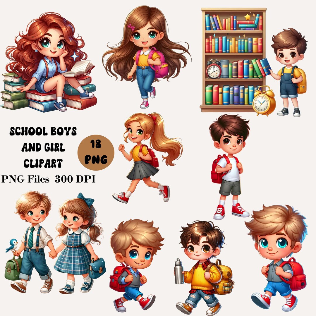 18 School Boys and Girls Clipart, School Kids Clipart, Back to School ...