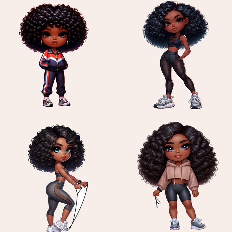 25 Sporty Chibi Girl Clipart, Black Chibi Girl Clipart, Afro American ...