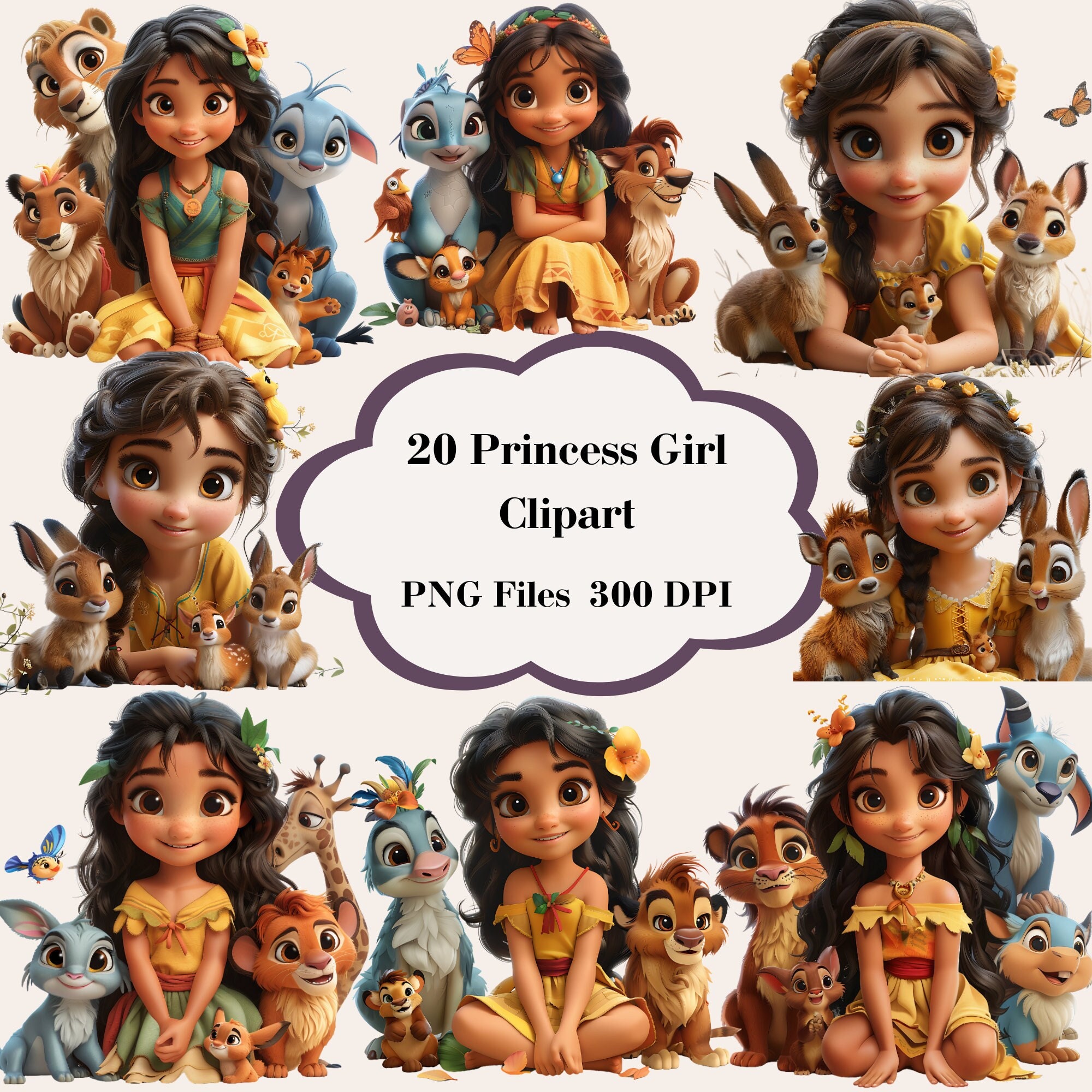 20 Princess With Animals Clipart Bundle, Cute Princess PNG, Princess ...