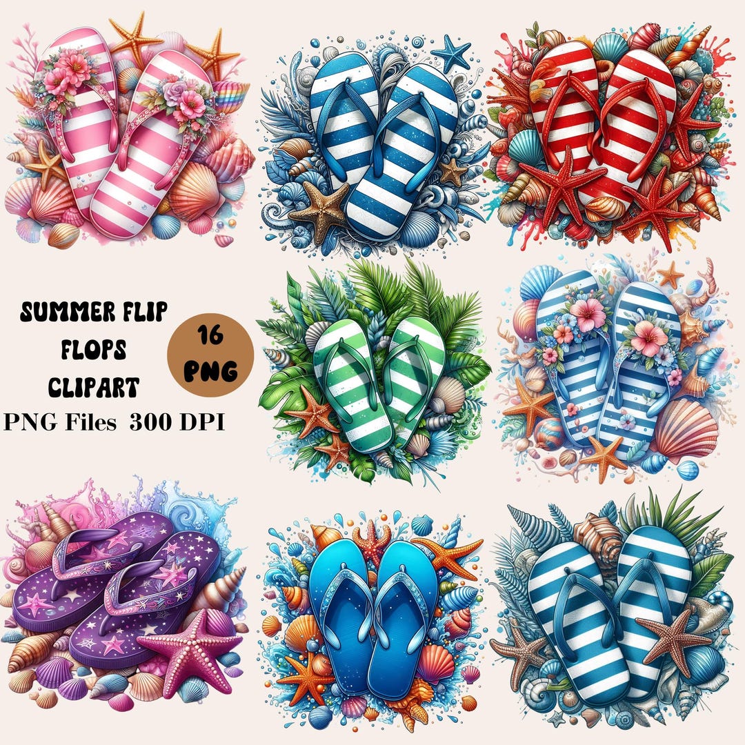 16 Summer Flip Flops Clipart, Flip Flops PNG Bundle, Summer Vibes ...