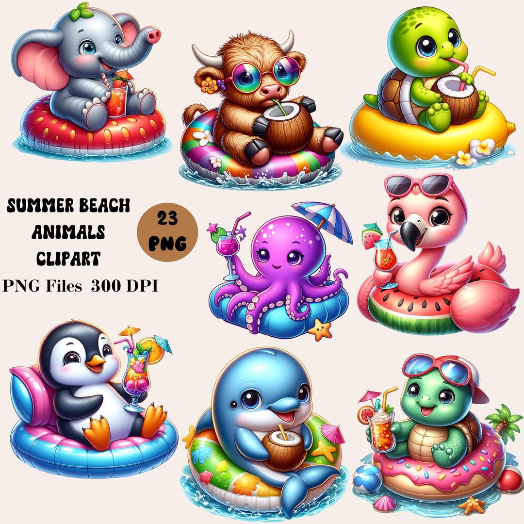 23 Summer Beach Animals Clipart, Cute Summer Animals Clipart, Summer ...