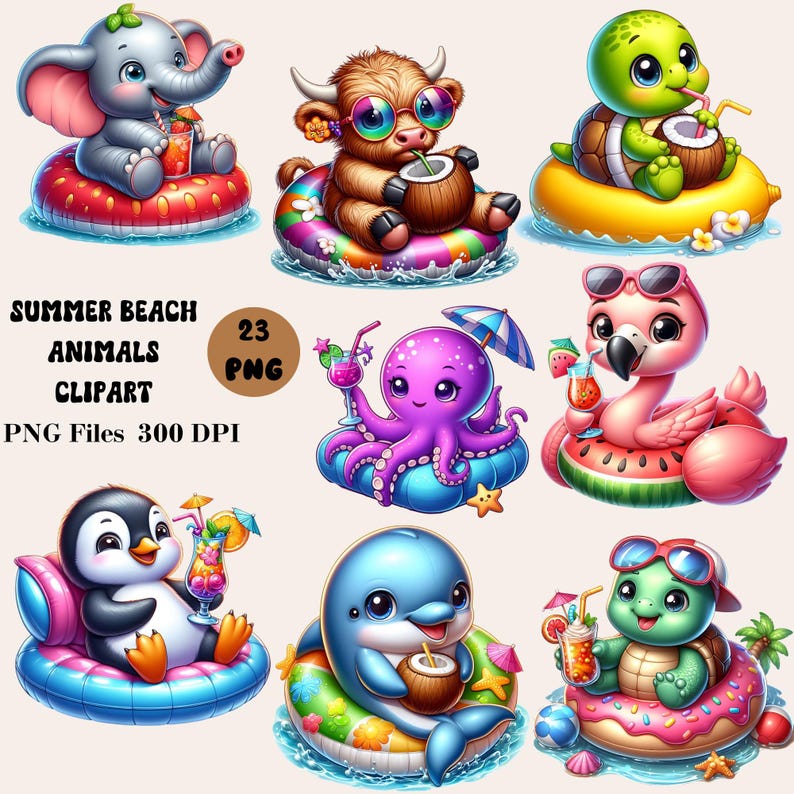 23 Summer Beach Animals Clipart, Cute Summer Animals Clipart, Summer ...