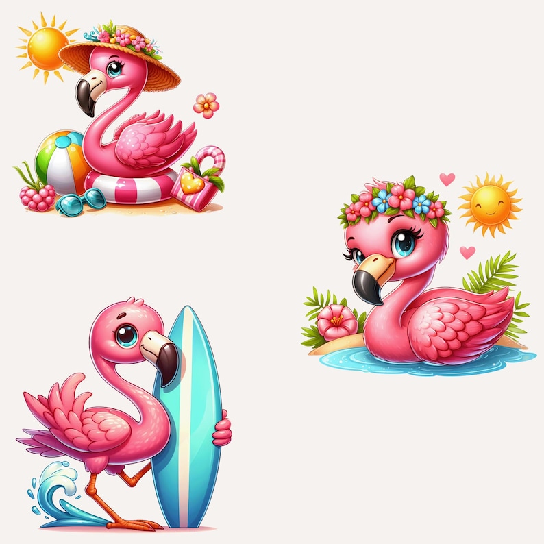 10 Summer Flamingo Clipart, Cute Flamingo PNG Bundle, Tropical Flamingo ...
