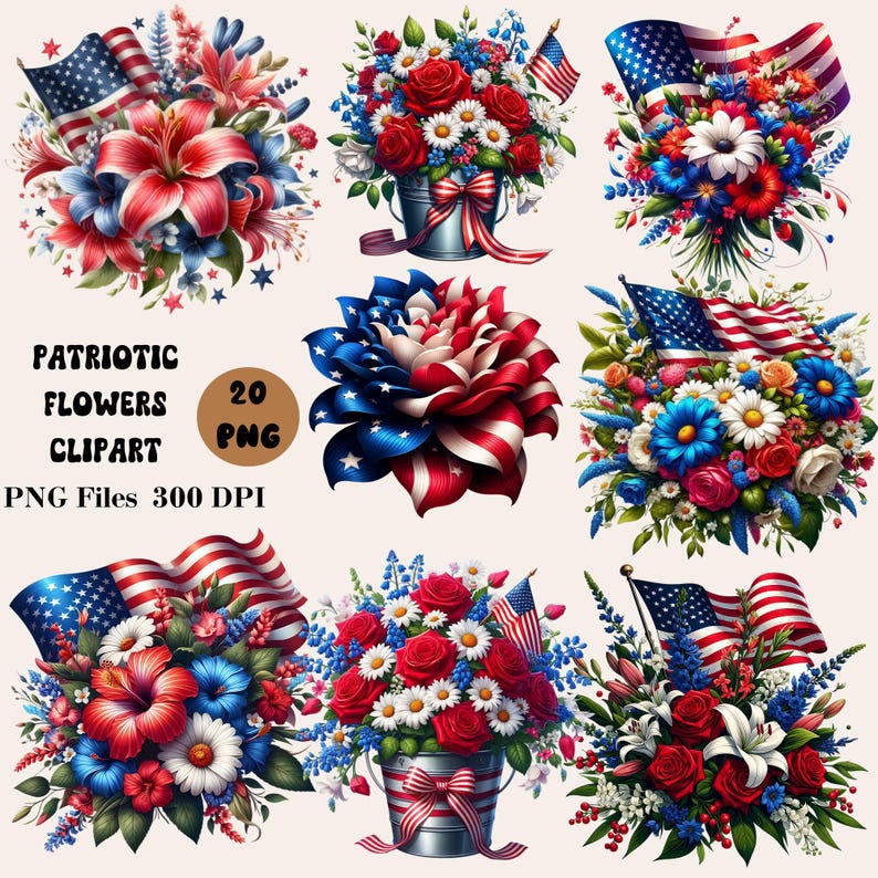 20 Patriotic Flowers Clipart, 4th of July Flower Clipart, Patriotic ...