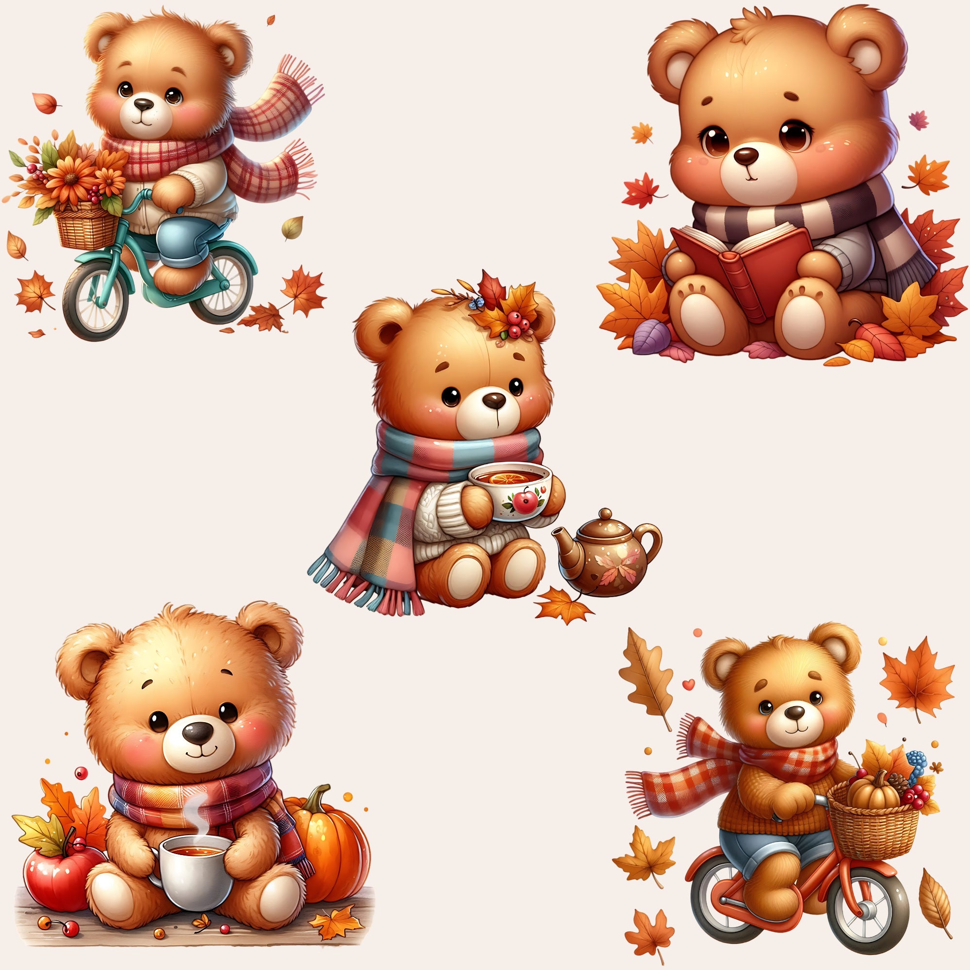 23 Fall Teddy Bear Clipart Bundle, Cute Teddy Bear PNG, Autumn Teddy ...