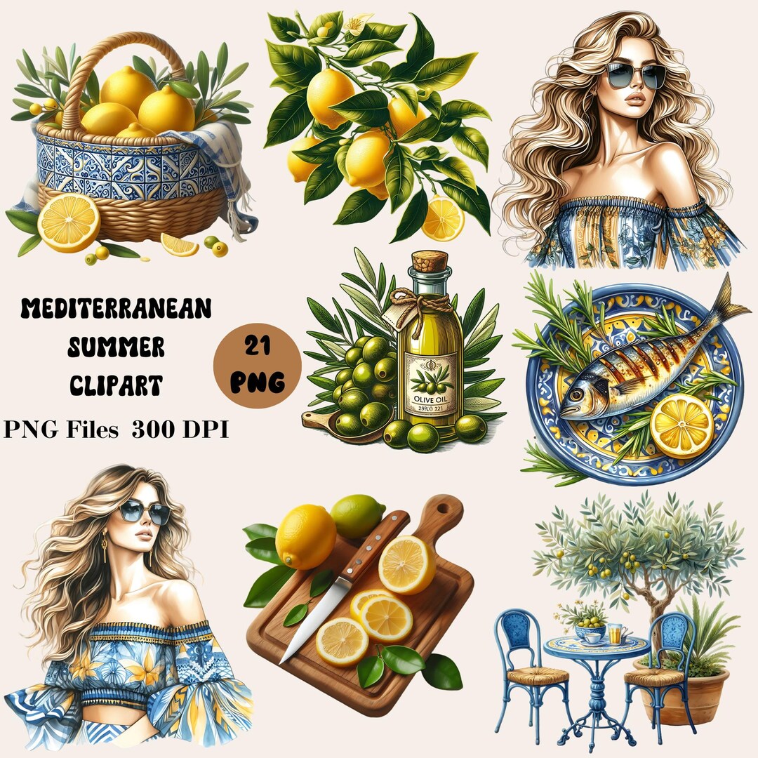 21 Mediterranean Summer Clipart, Lemon Clipart Bundle, Lemon Blossom ...