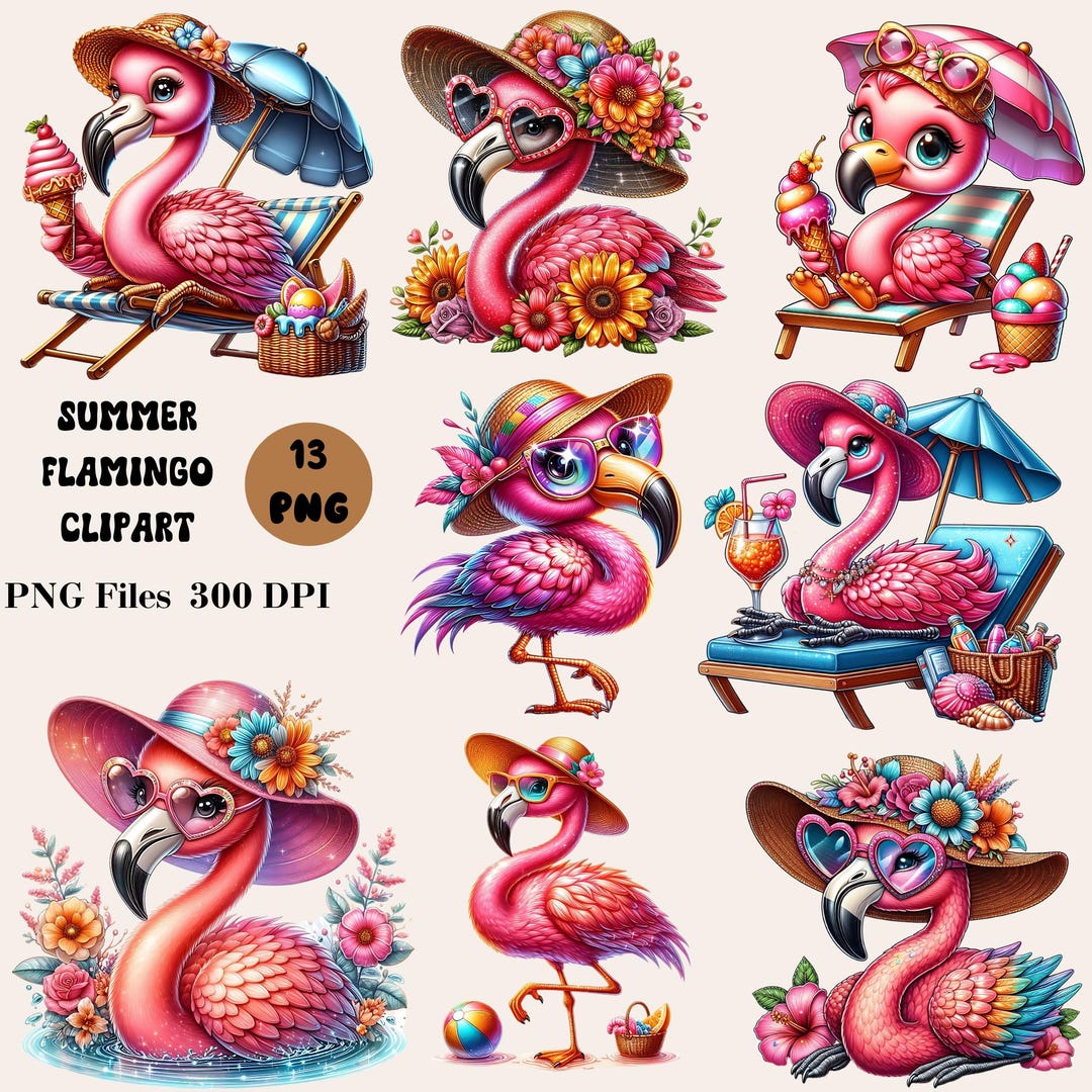 13 Summer Flamingo Clipart, Cute Flamingo PNG Bundle, Tropical Flamingo ...