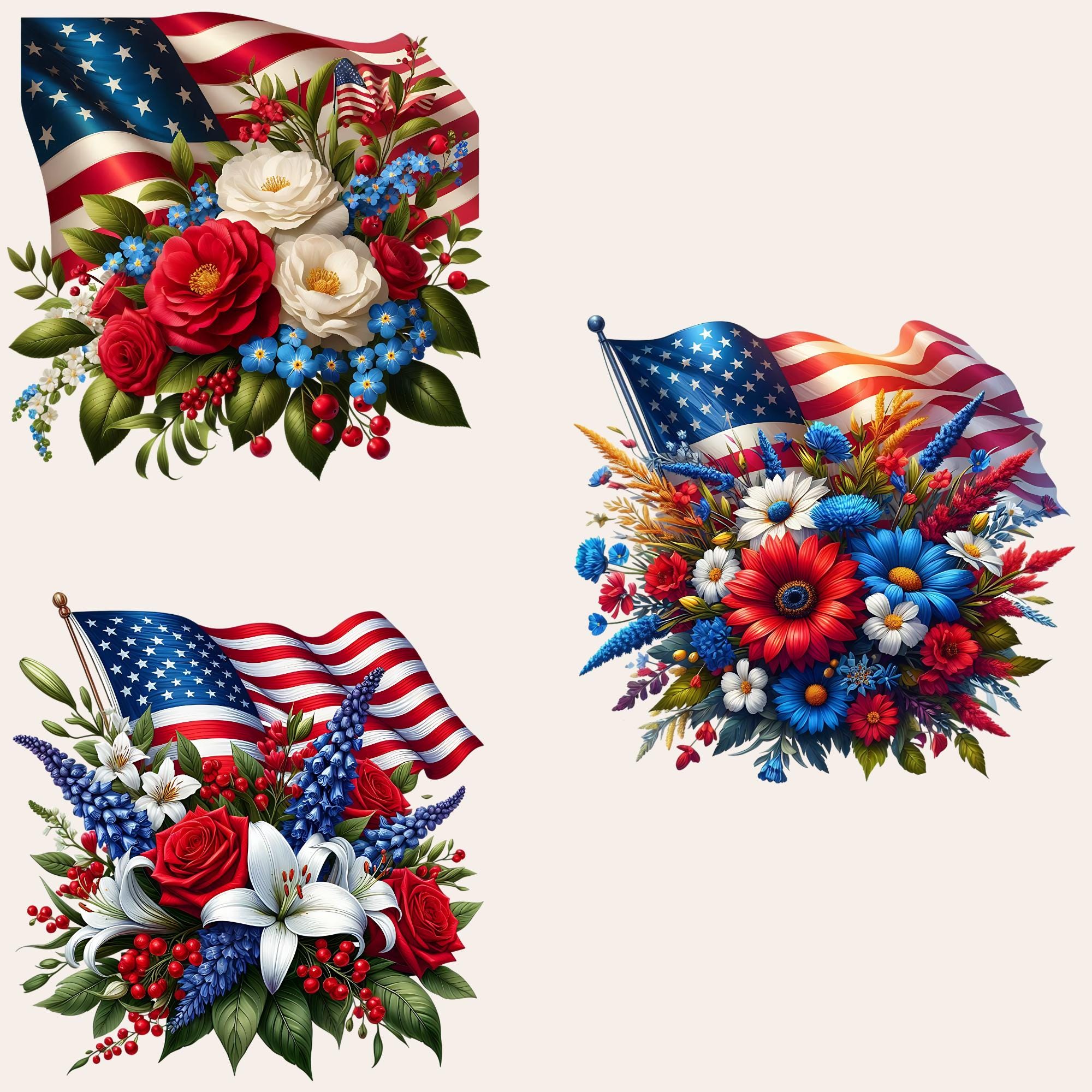 20 Patriotic Flowers Clipart, 4th of July Flower Clipart, Patriotic ...