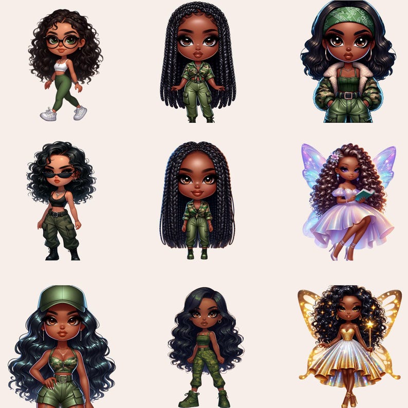 85 Chibi Girl Clipart Bundle, Afro American Chibi Girl PNG, Chibi Doll ...