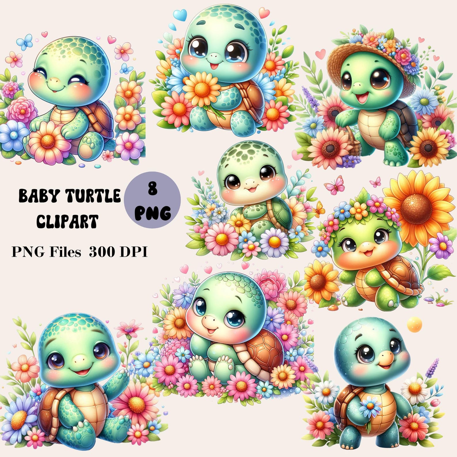 8 Baby Turtle Clipart, Baby Turtle With Flowers PNG, Cute Baby Turtle ...
