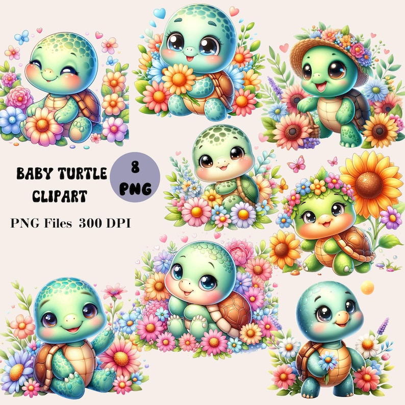8 Baby Turtle Clipart, Baby Turtle With Flowers PNG, Cute Baby Turtle ...