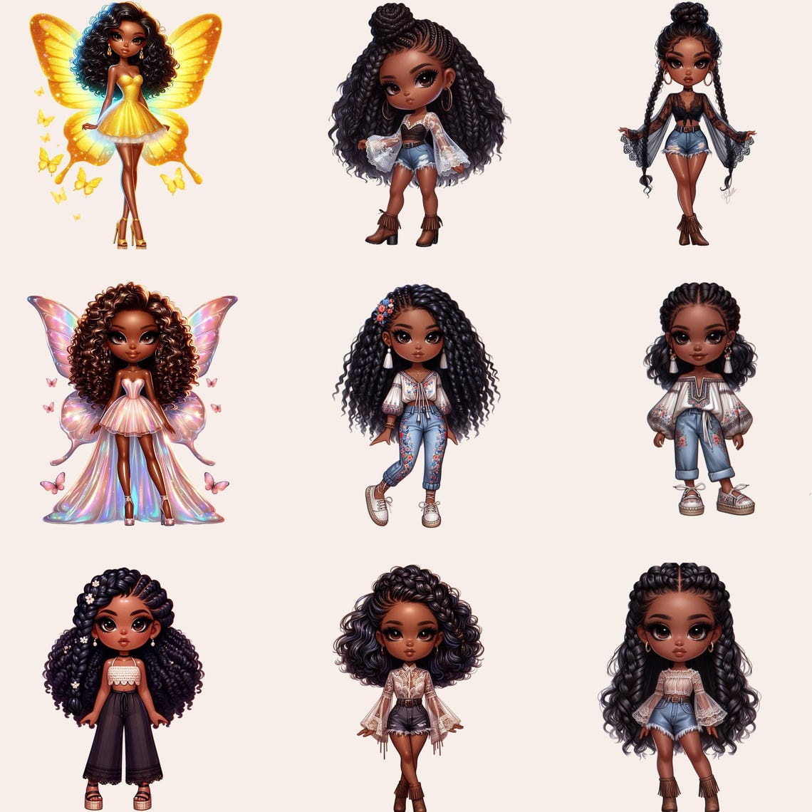 85 Chibi Girl Clipart Bundle, Afro American Chibi Girl PNG, Chibi Doll ...