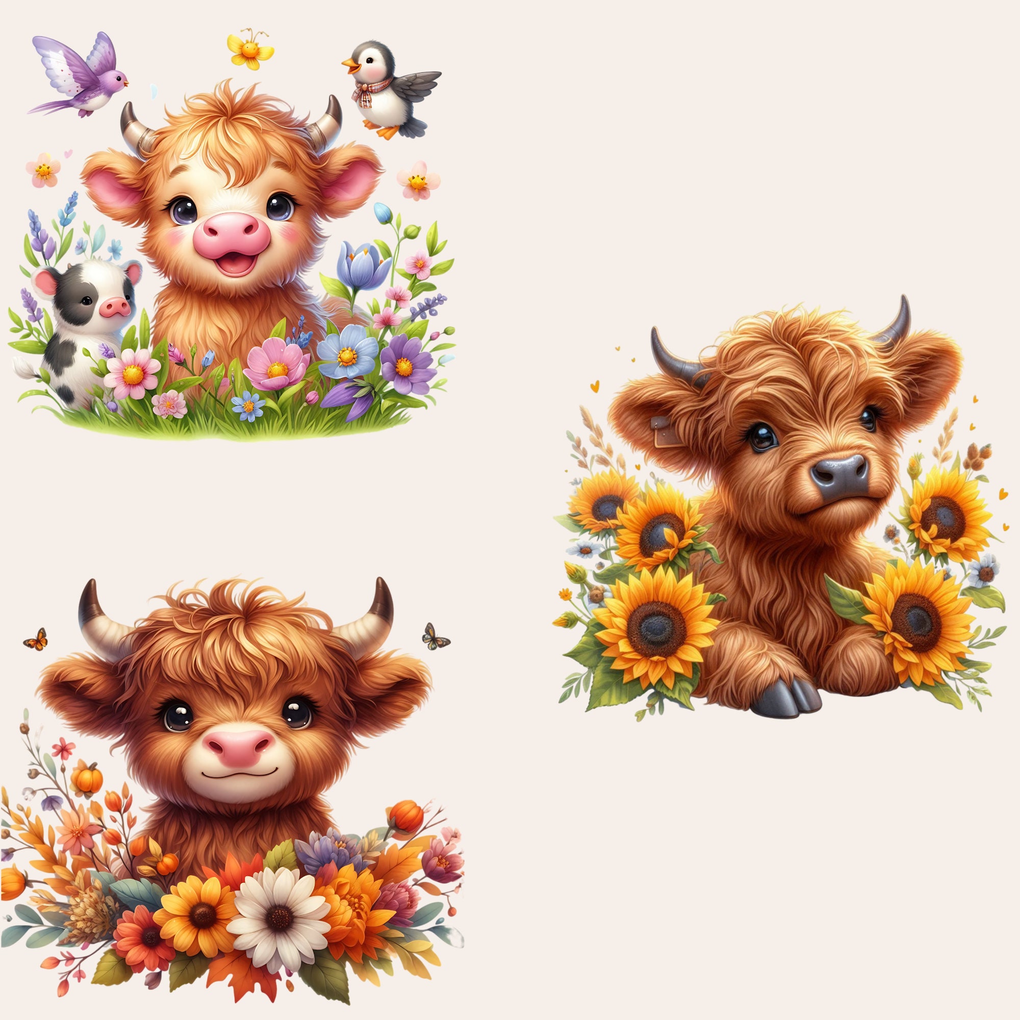 15 Highland Cow Clipart Bundle, Highland Cow With Flowers PNG, Spring ...