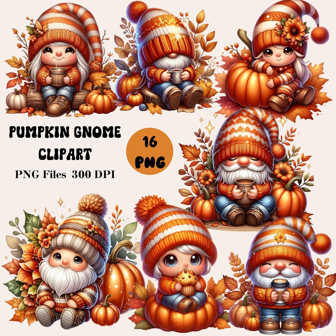 16 Fall Gnome Clipart, Pumpkin Gnome Clipart, Autumn Gnome PNG, Pumpkin ...