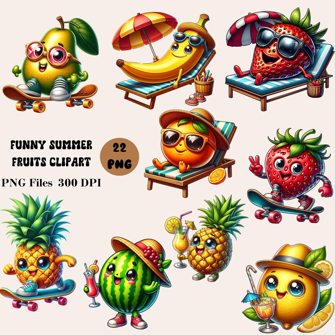 22 Funny Summer Fruits Clipart, Cute Fruits Clipart, Summer Clipart ...
