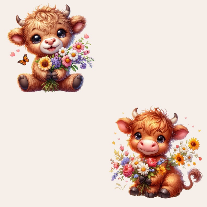 15 Highland Cow Clipart Bundle, Highland Cow With Flowers PNG, Spring ...