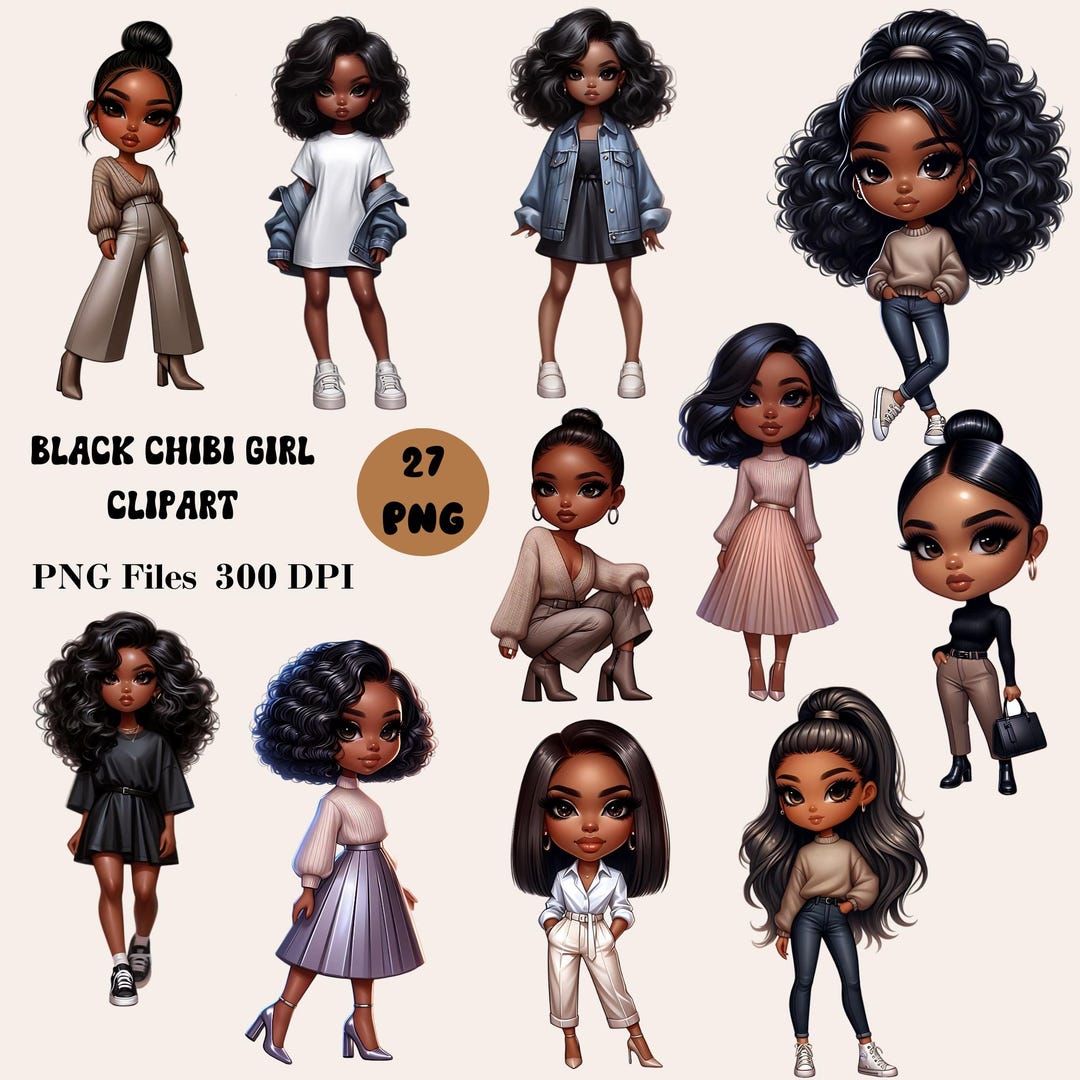 27 Black Chibi Girl Clipart, Afro American Chibi Girl Clipart, Chibi ...