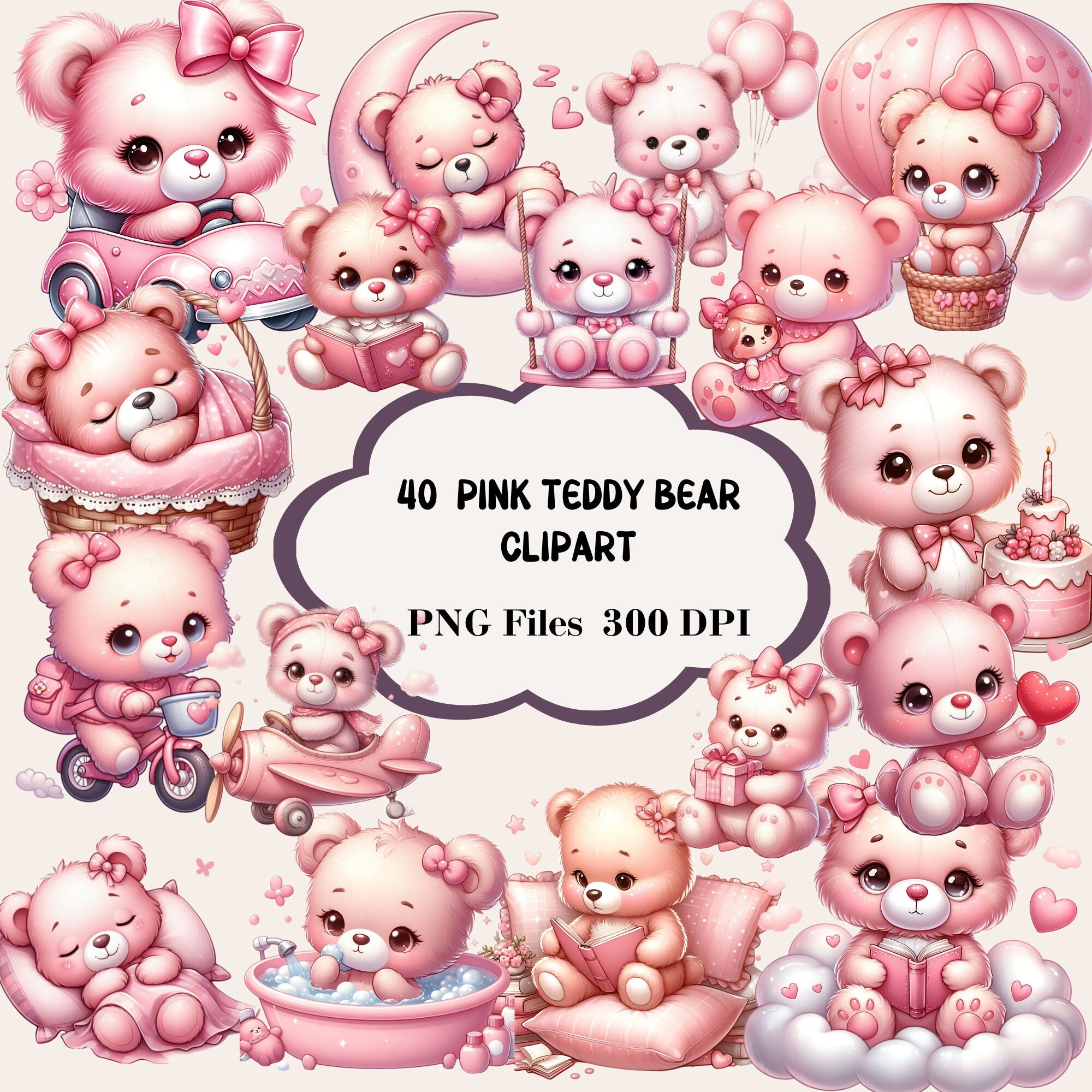 40 Pink Teddy Bear Clipart Bundle, Baby Shower Clipart for Girls ...