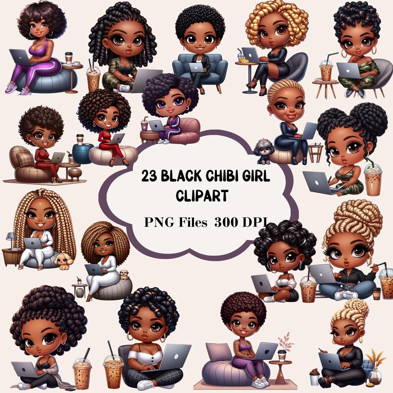 23 Black Chibi Girl Clipart, Working Chibi Girl Clipart, Black Girl ...