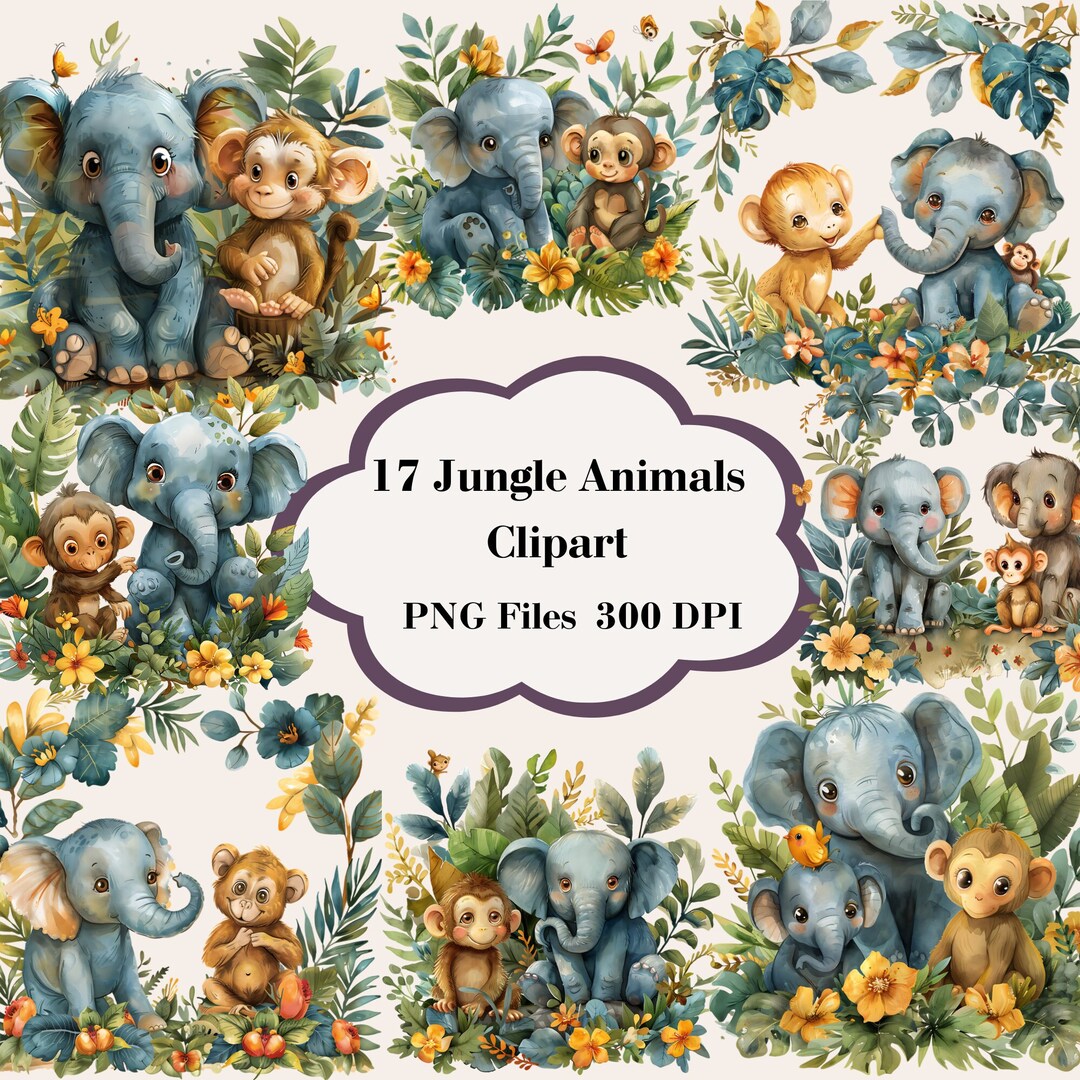 17 Jungle Animals Clipart Bundle, Elephant and Money in Tropical Jungle ...