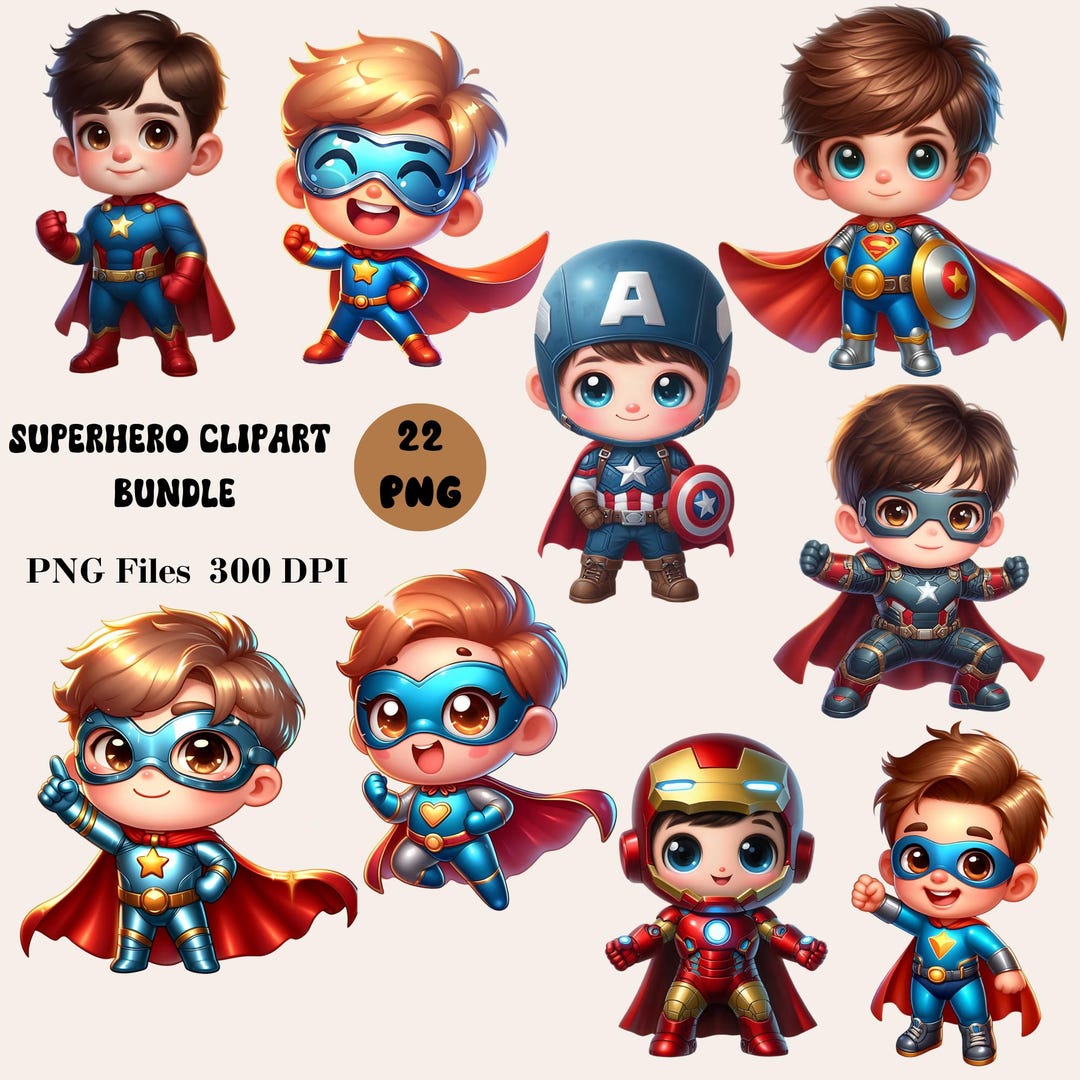 22 Superhero Clipart Bundle, Superhero Boys PNG, Cute Superhero Clipart ...