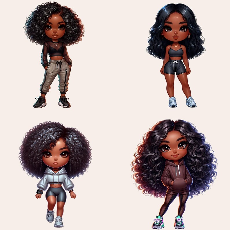 25 Sporty Chibi Girl Clipart, Black Chibi Girl Clipart, Afro American ...