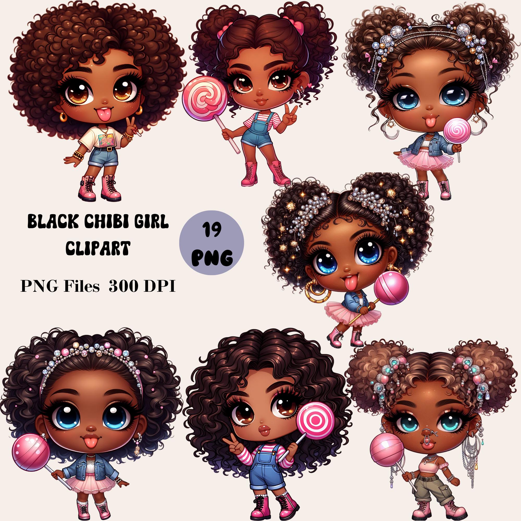 19 Black Chibi Girl Clipart, Cute Chibi Girl PNG, Afro American Chibi ...