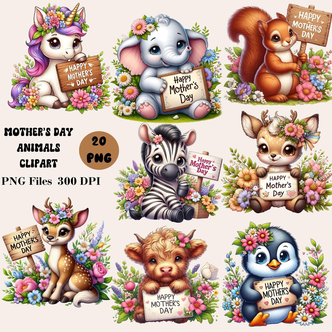 20 Mother's Day Animals Clipart, Happy Mother's Day Clipart Bundle ...