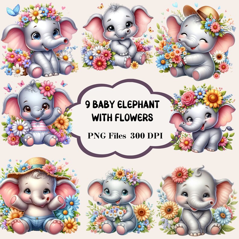 9 Elephant With Flowers Clipart, Baby Elephant PNG, Elephant Baby ...